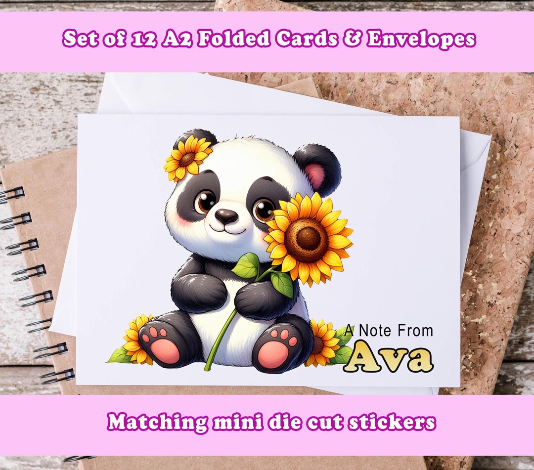 Panda Sunflower Notecard & Envelope Set, Personal Note Cards, Custom ...
