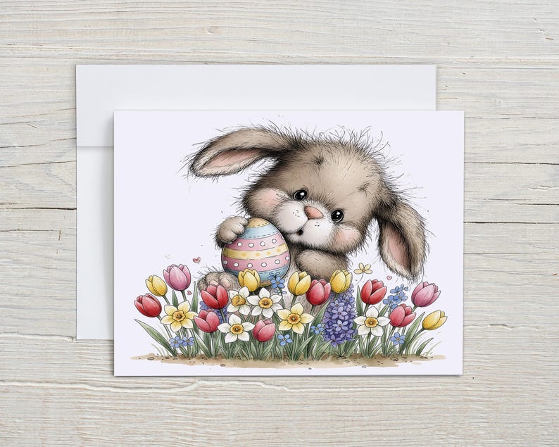 Handmade Easter Card Set, Cute Bunny With Eggs, Spring Greeting ...