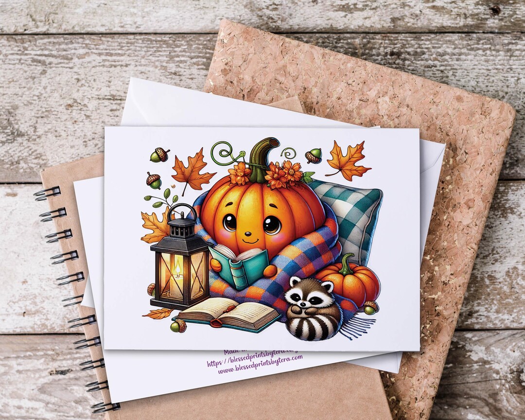 Cute Pumpkin Reading Notecards, Fall Greeting Cards, Blank Notecards ...