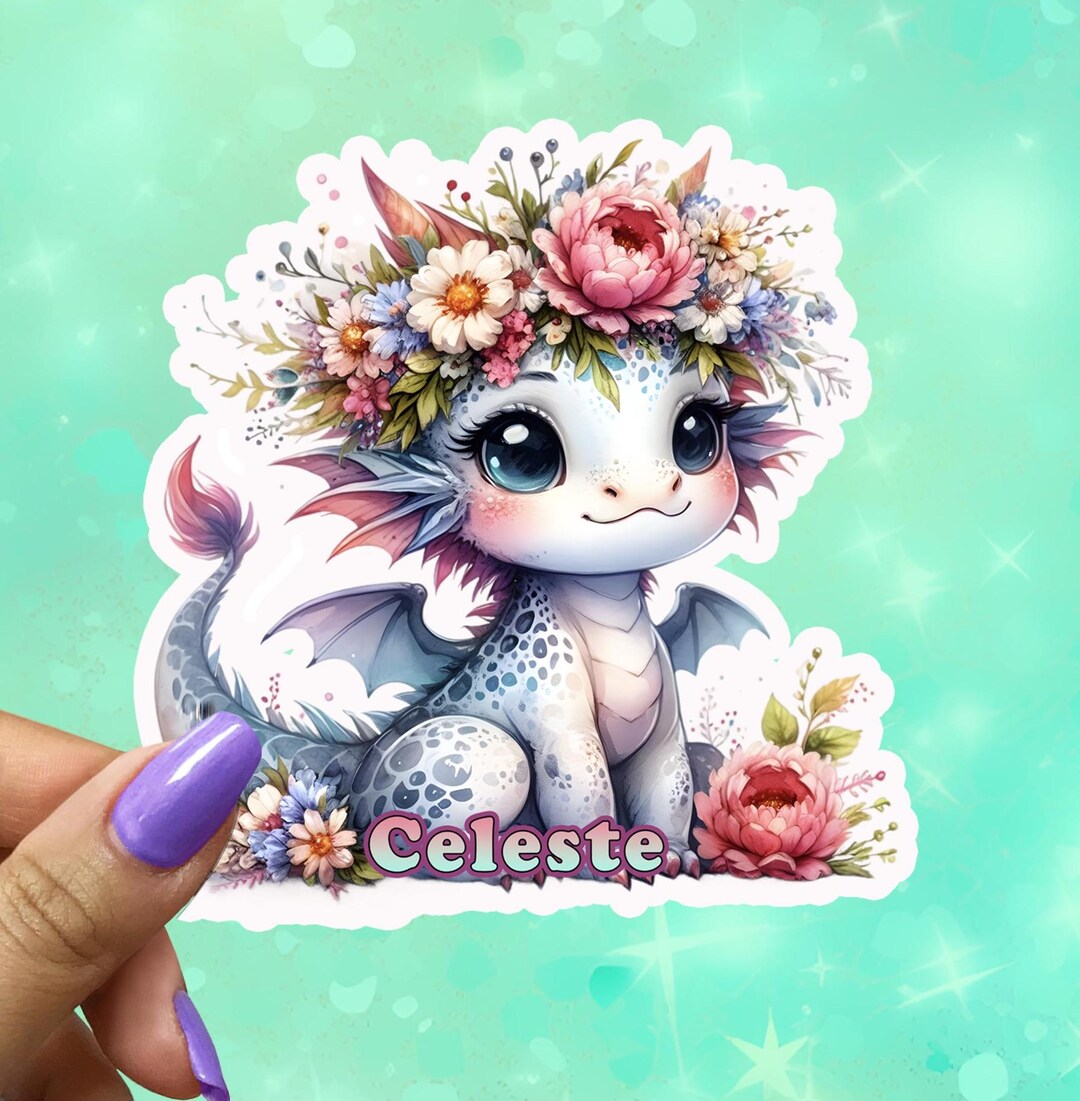 Cute Kawaii Dragon Vinyl Sticker, Baby Dragon With Flowers, Kidcore ...