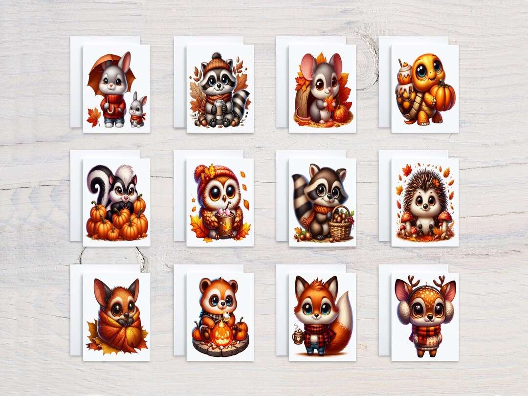 Cute Fall Animal Notecard Set, Autumn Notecards, Blank Notecards, Just ...