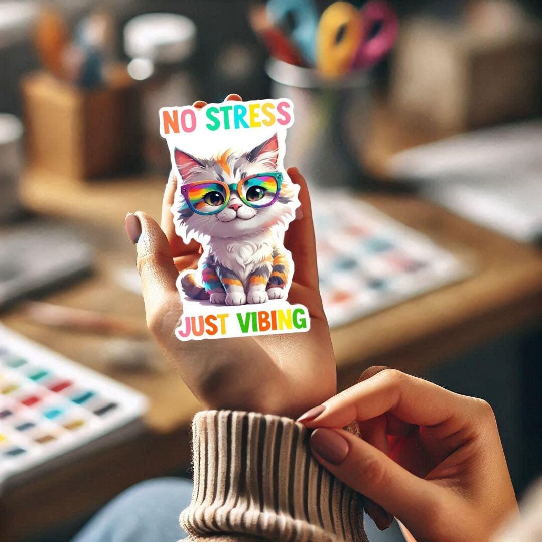 Rainbow Kitty Sticker, No Stress Decal, Just Vibing Sticker, Mental ...