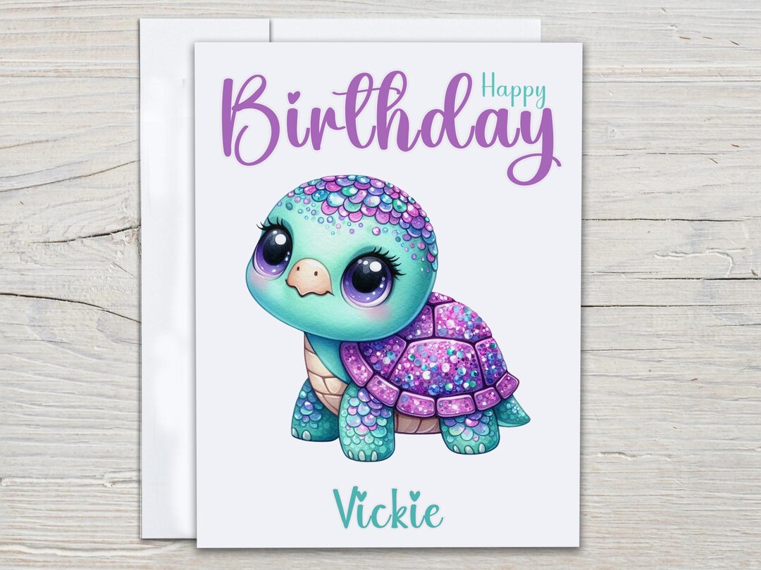 Personalized Turtle Bday Card, Kawaii Greeting Card, Cute Turtle ...