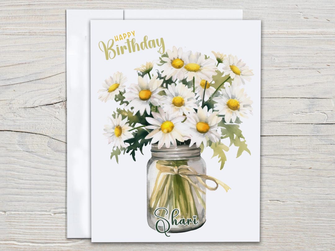 Personalized Daisy Bday Card, Watercolor Mason Jar Design, Cute Happy ...