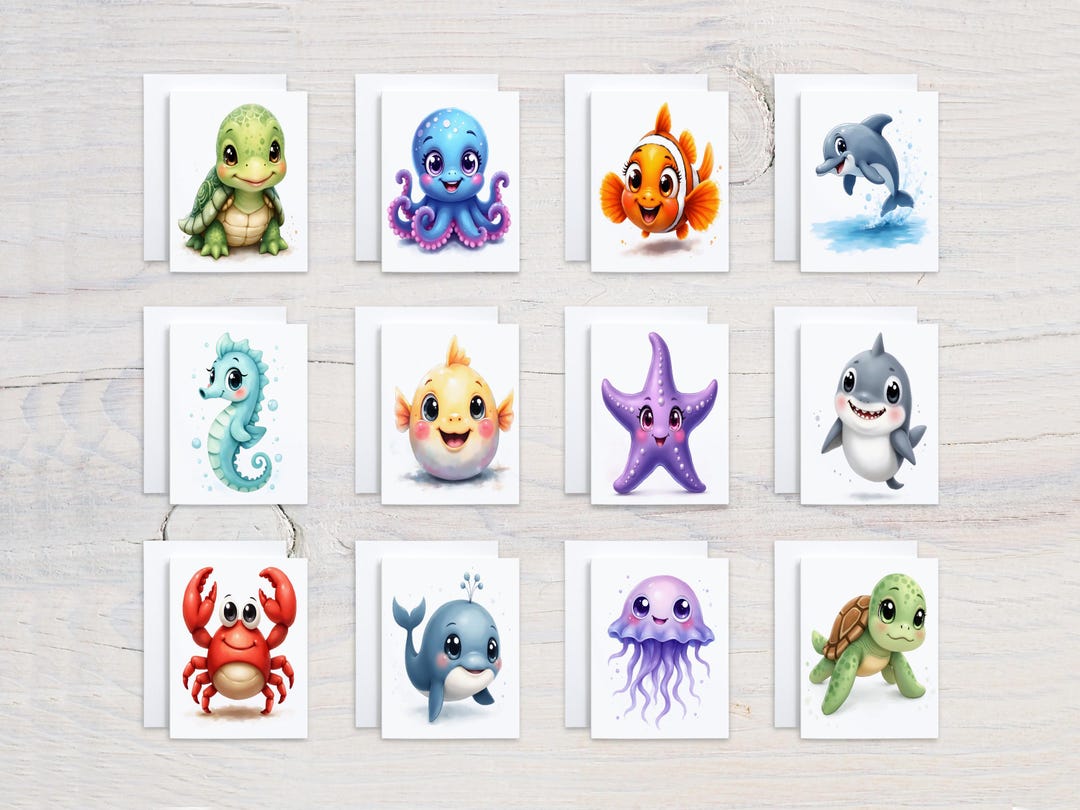 Kawaii Ocean Animal Notecard Set, Cute Sea Animals, Card Assortment ...