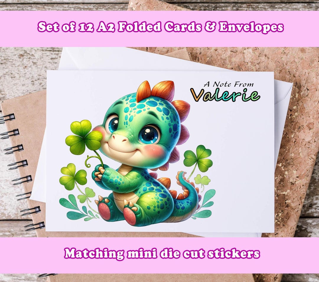 Personalized Note Cards & Envelope Set | St. Patrick's Day Kawaii Dino ...