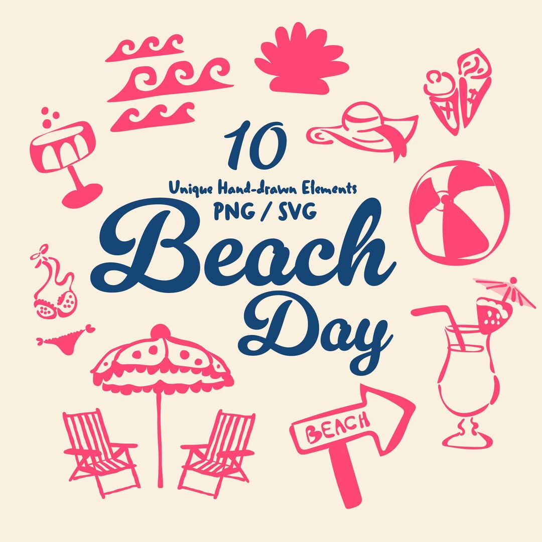 Beach Day Clipart Set 4 With 10 Hand Drawn Summer Icons in SVG and PNG ...