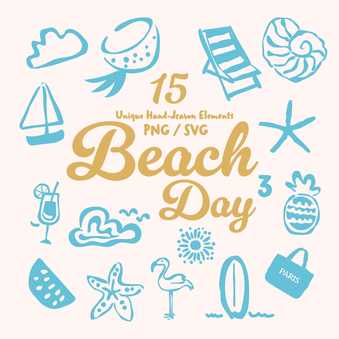 Beach Day Clipart Set 3 With 15 Hand Drawn Summer Icons in SVG and PNG ...