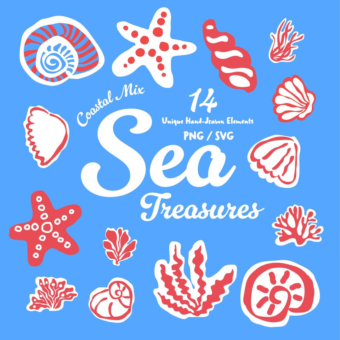 14 Whimsical Ocean Clipart Set Coastal Mix Hand Drawn Ocean and Shell ...
