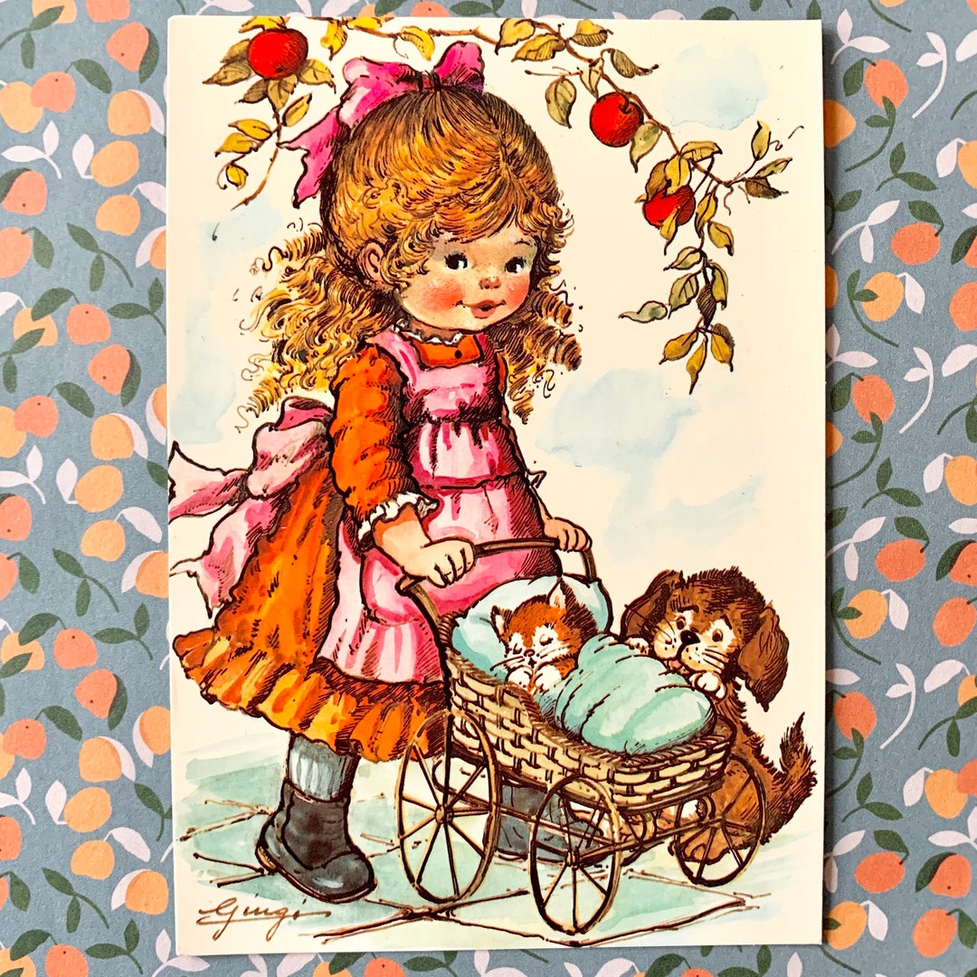 Unused Vintage Cute Girl With Kitten and Puppy Postcard 70s - Etsy