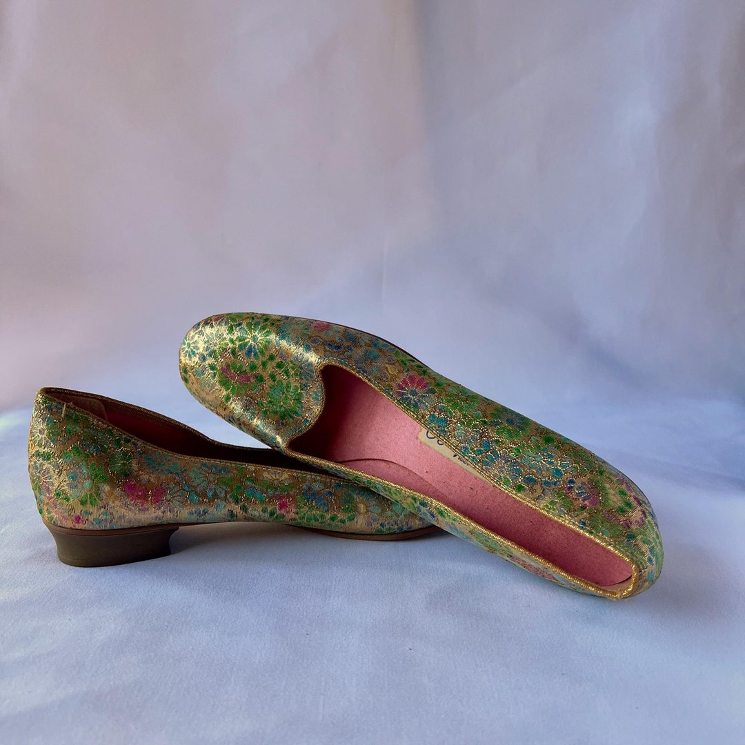 1960s Vintage Metallic Brocade Jacquard Metallic Floral Shoes Flats - Etsy