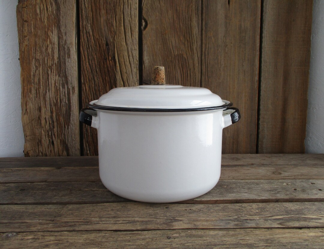 Vintage Enamelware Cooking Pot W/ Lid White Black Trim Distressed ...
