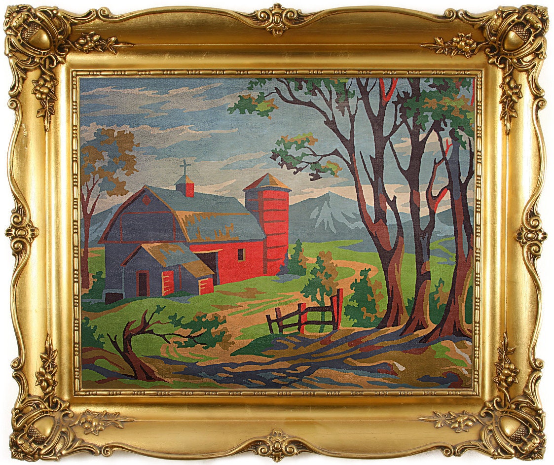 Printable Vintage Paint by Number Completed Red Barn "winding Road" 48K ...