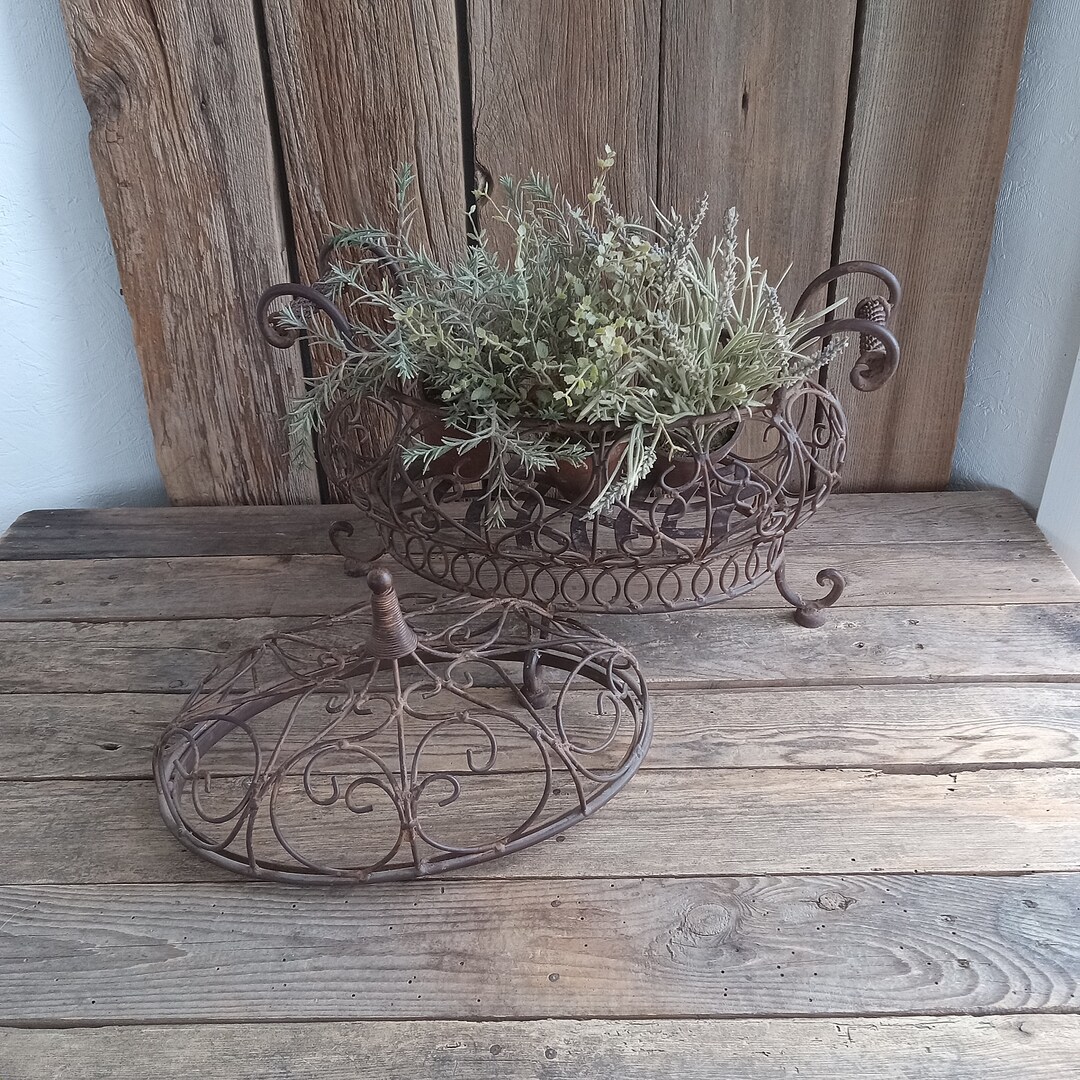 Vintage Antiqued Woven Metal Large Handled Basket With Lid Decorative ...