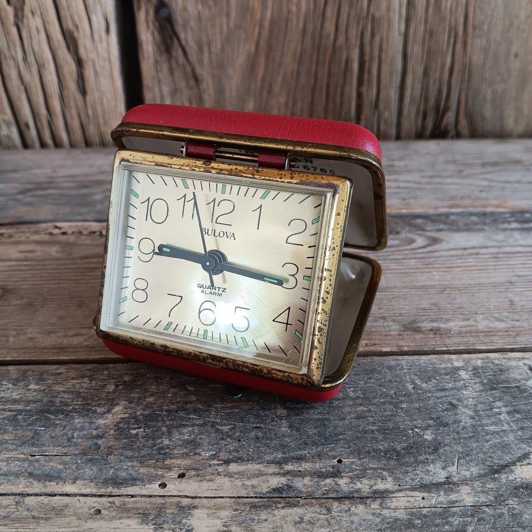 Vintage Bulova Travel Alarm Clock Red Case Fold up JAPAN Battery ...