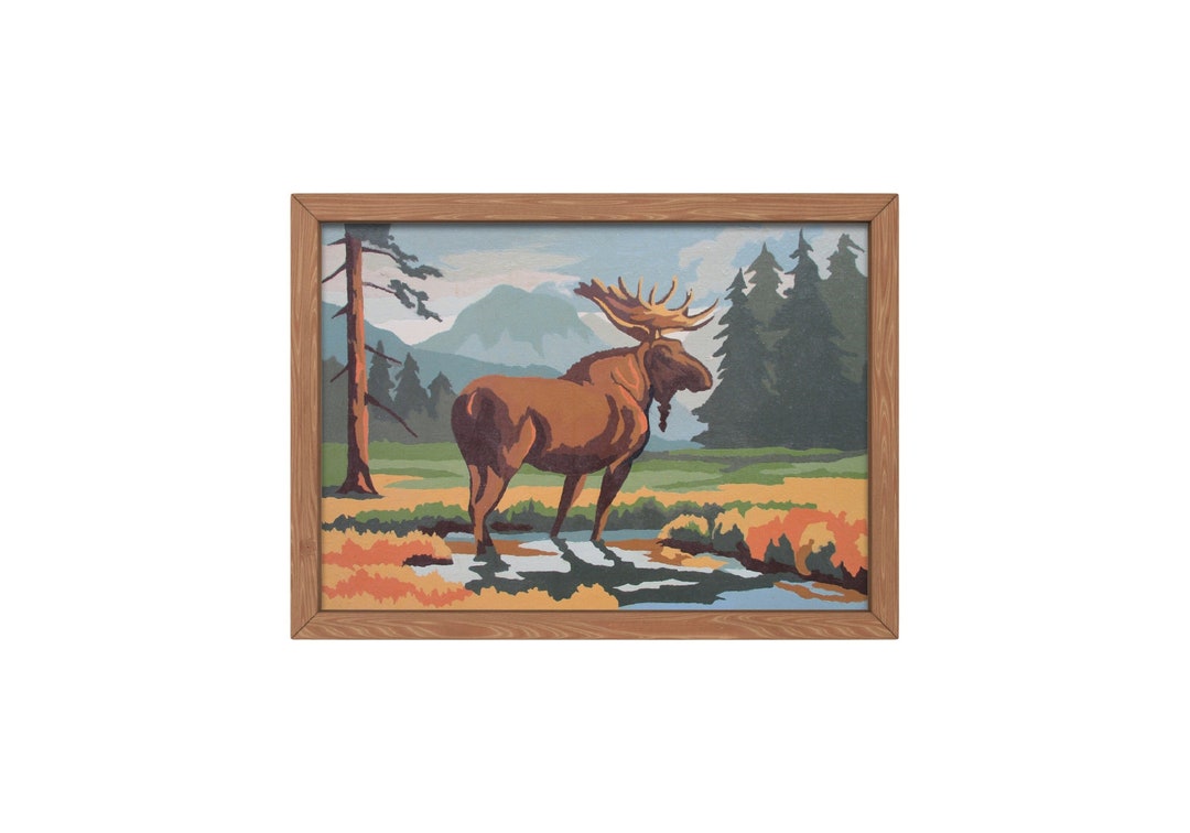 Giclee Art PRINT Vintage Paint by Number FINISHED "moose and Deer" 36C ...