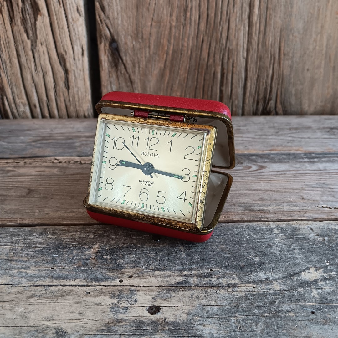 Vintage Bulova Travel Alarm Clock Red Case Fold up JAPAN Battery ...