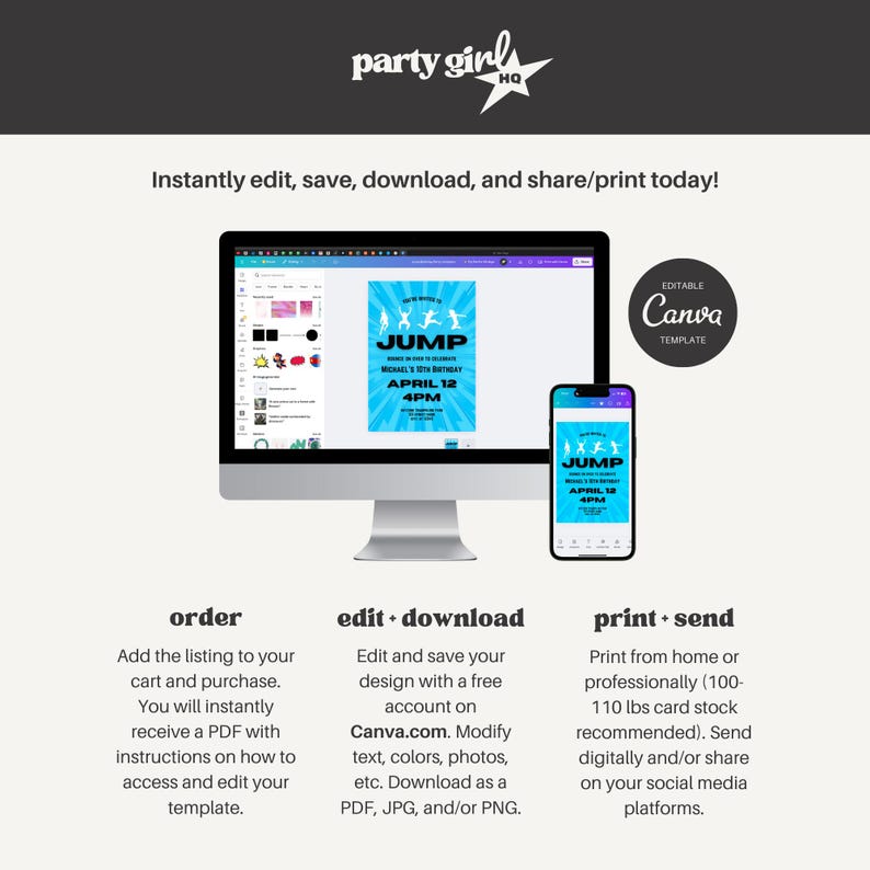 EDITABLE Trampoline Park Jump Kids Birthday Party Printable Evite ...