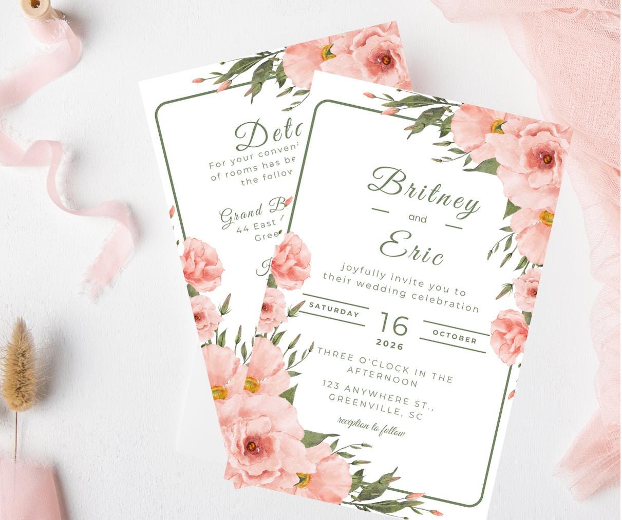 Custom Floral Wedding Invitation Templates With Wedding Details Card ...