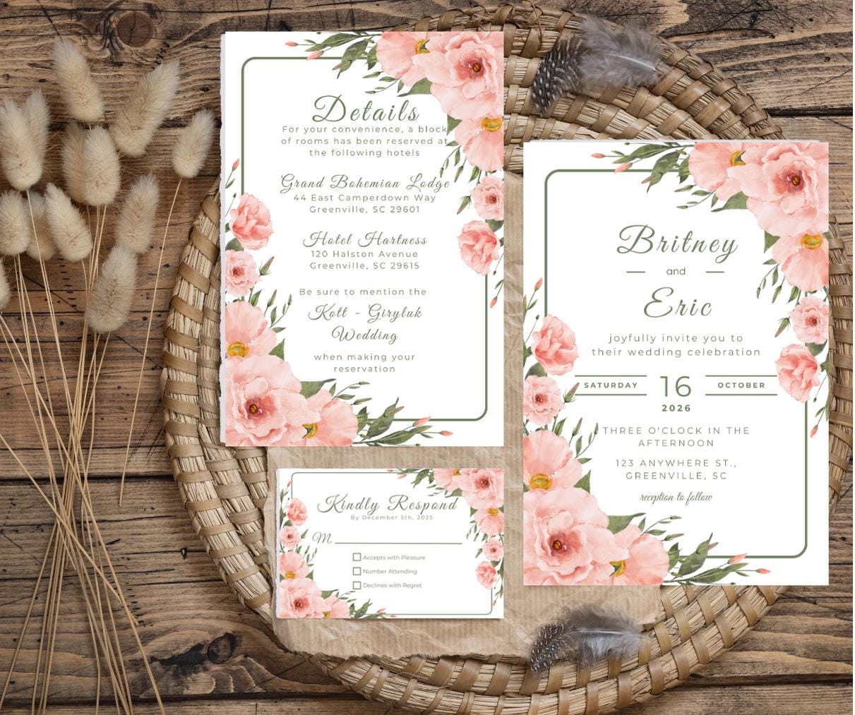 Custom Floral Wedding Invitation Templates With Wedding Details Card ...