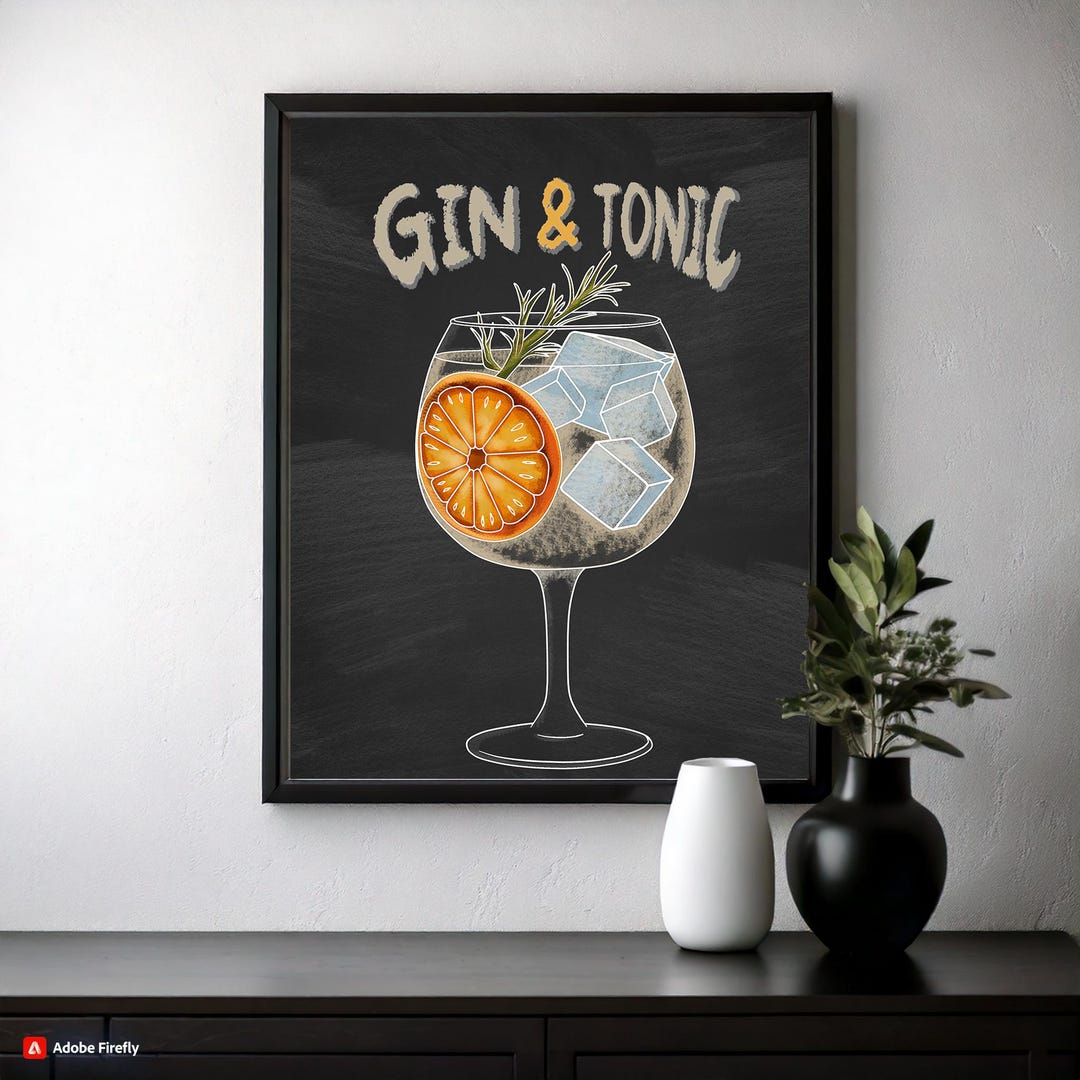 Gin and Tonic Poster in Chalkboard Style, Iconic Coctail Digital Print ...
