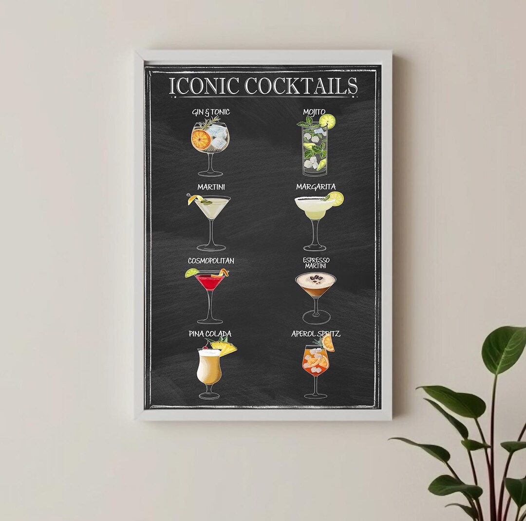 Iconic Coctails Poster, in Chalkboard Style, Drinks Poster, 8 Iconic ...