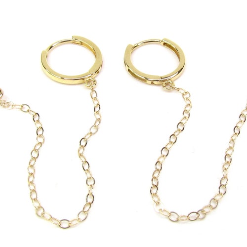 14k Double Piercing Hoops With Chain Mini Chain Hoops | Etsy