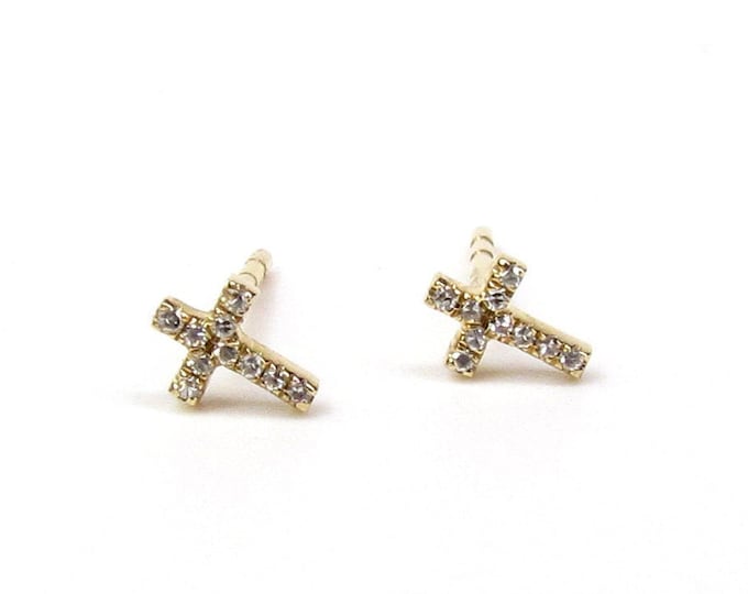 14KT Diamond Cross Stud Earrings Genuine Diamond Cross - Etsy