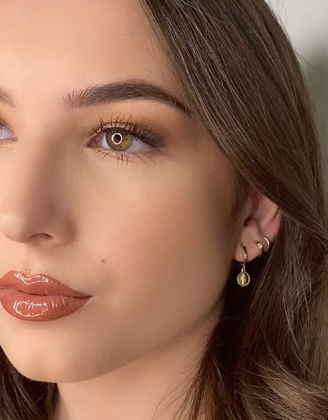 14K Hoop Earrings • Virgin Mary Medallion Hoop Earrings • Solid Gold ...