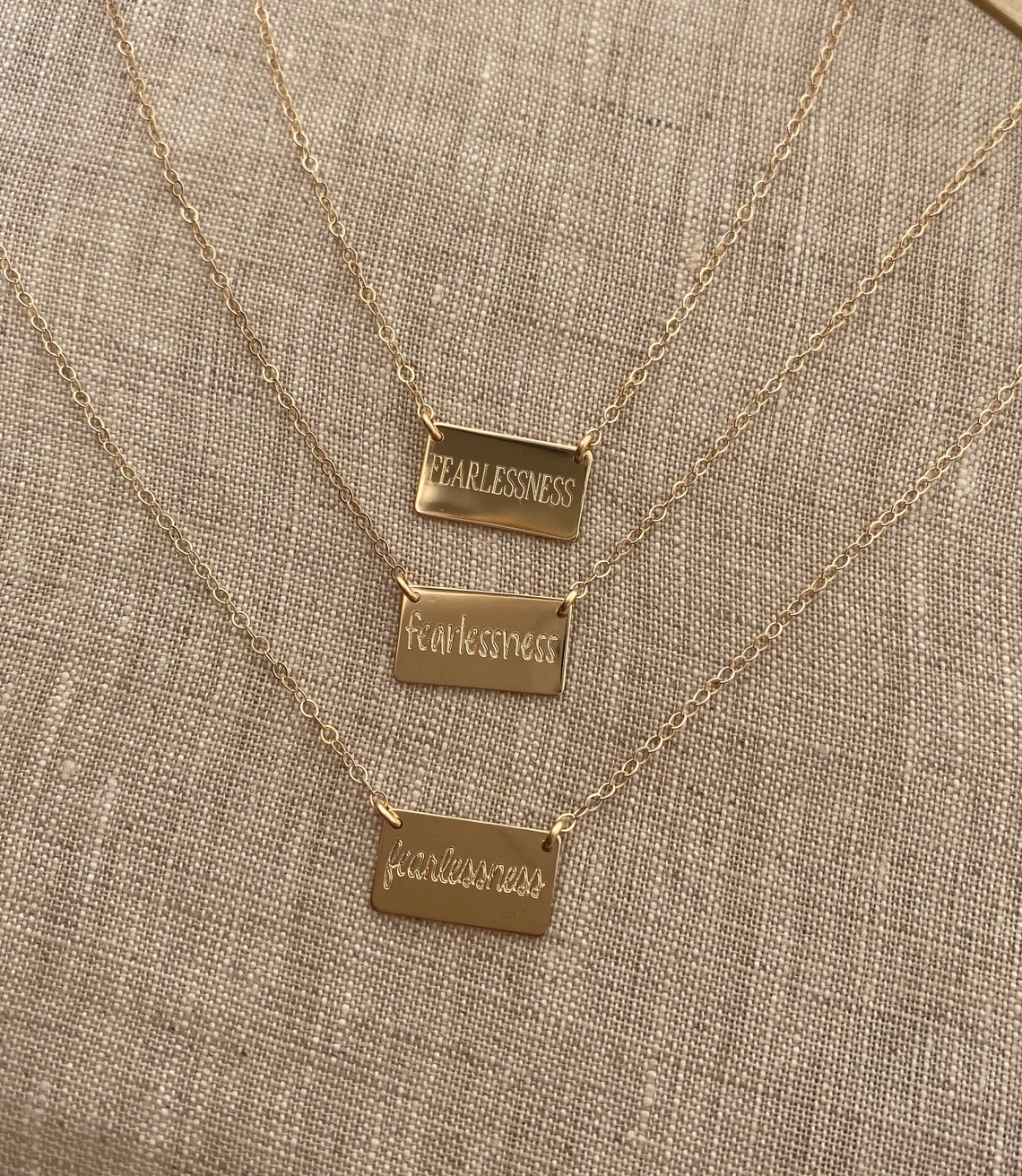 14K Solid Gold FEARLESS Necklace • Personalized Affirmation Tag Pendant ...