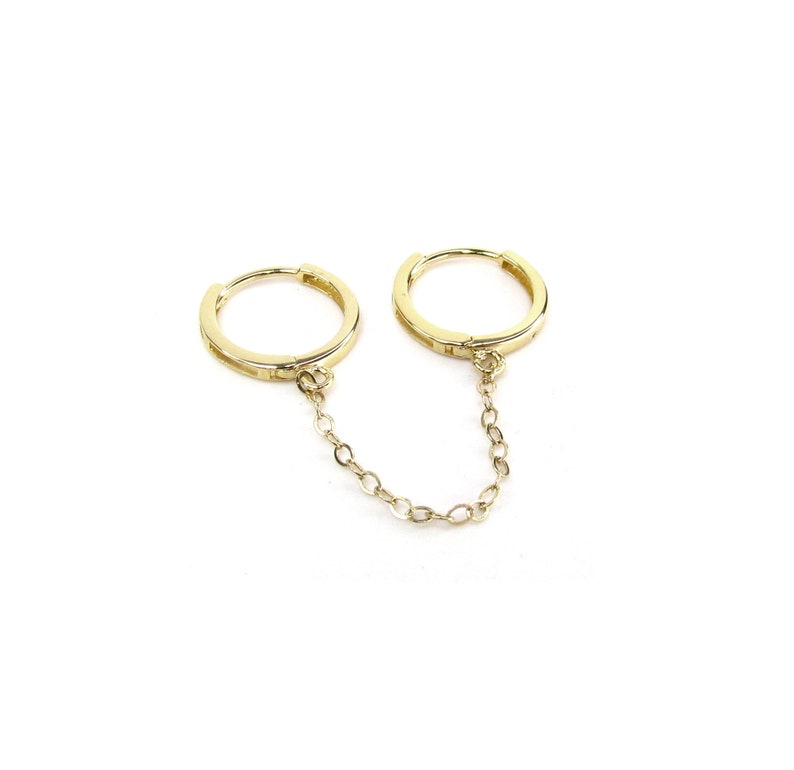 14k Double Piercing Hoops With Chain Mini Chain Hoops - Etsy
