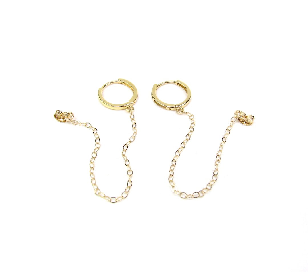 14k Yellow Gold Huggie Hoops With Chain • Mini Chain Hoops • Double ...