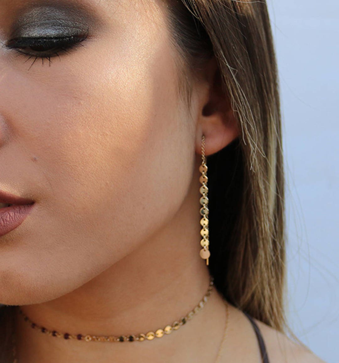 Disc Threader Earrings • Dangling Disc Ear Threads • Disc Dangling ...