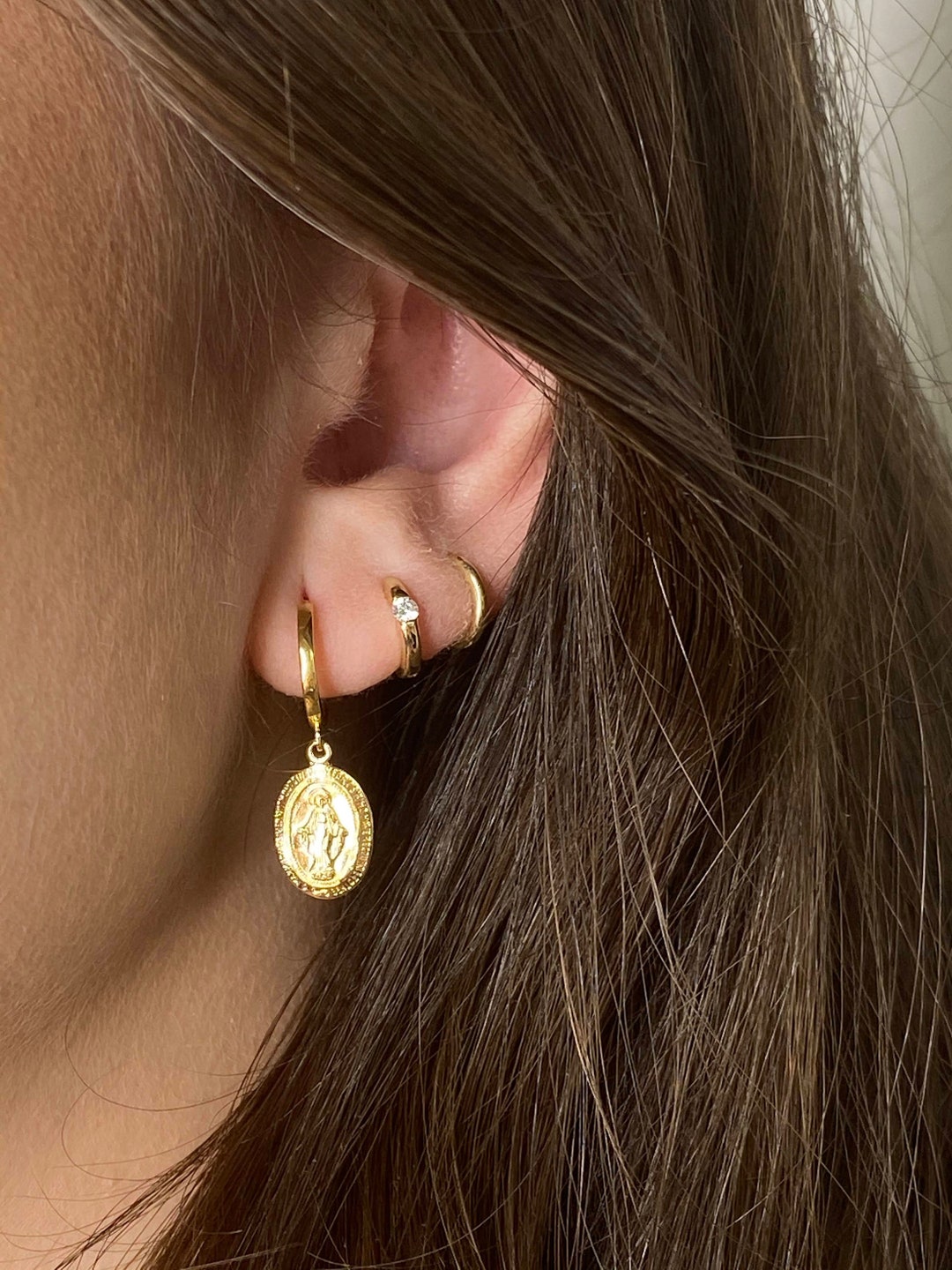 14K Virgin Mary Earrings Virgin Mary Hoop Earrings Religious Huggie ...