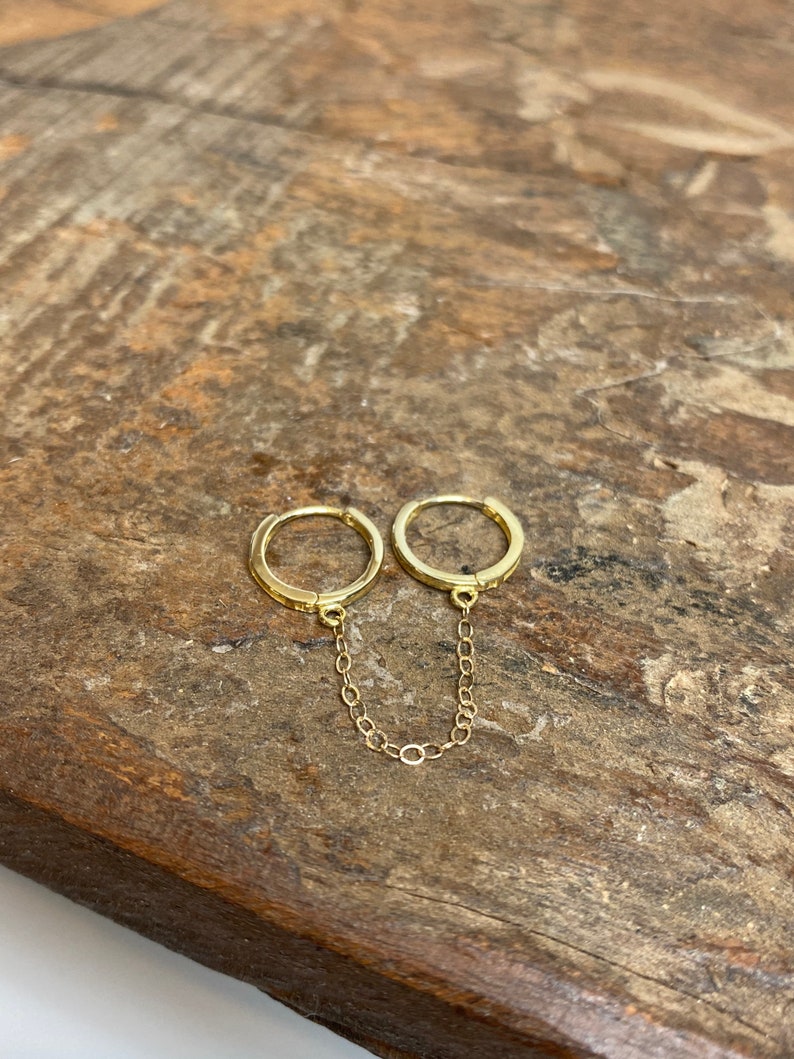 14k Double Piercing Hoops With Chain Mini Chain Hoops - Etsy