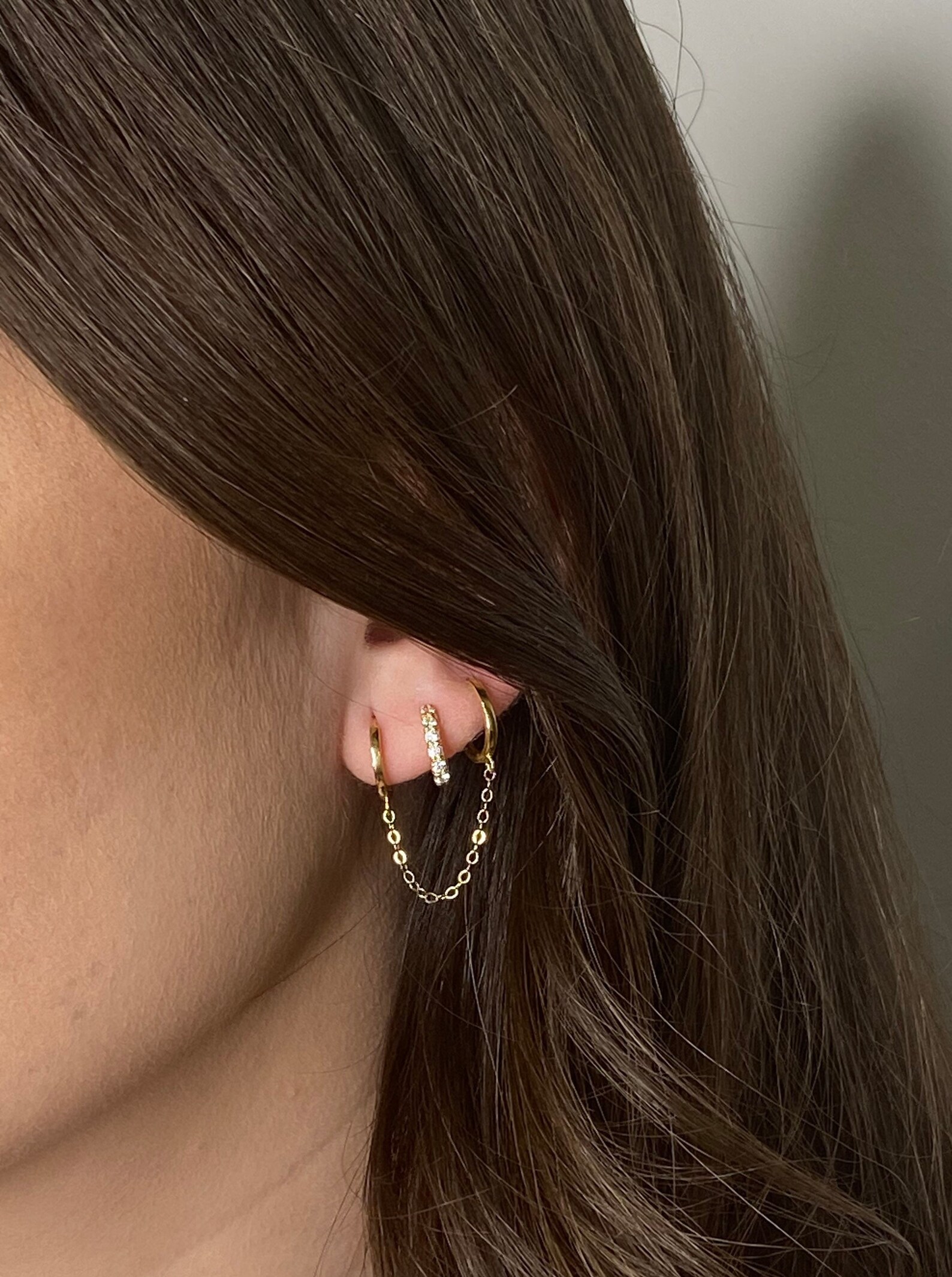 14k Double Piercing Hoops With Chain Mini Chain Hoops - Etsy