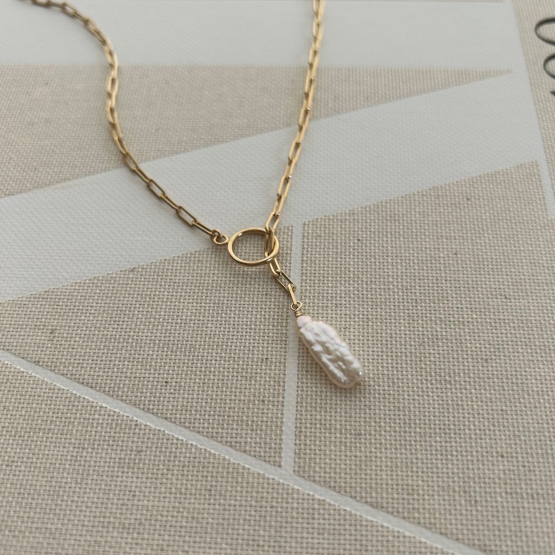 Biwa Pearl Lariat Necklace on Paperclip Chain With Toggle | Handmade ...