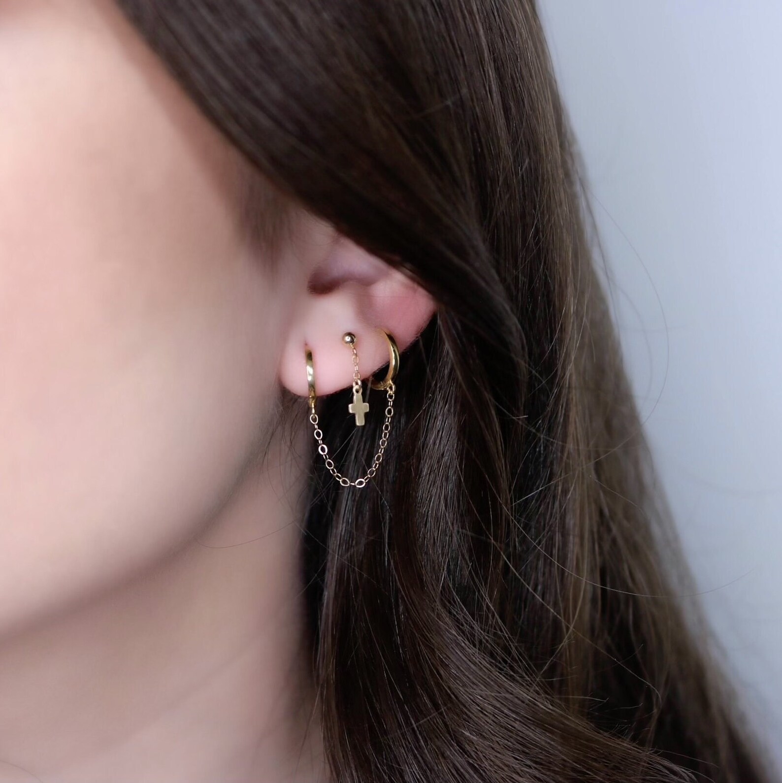 14k Double Piercing Hoops With Chain Mini Chain Hoops - Etsy