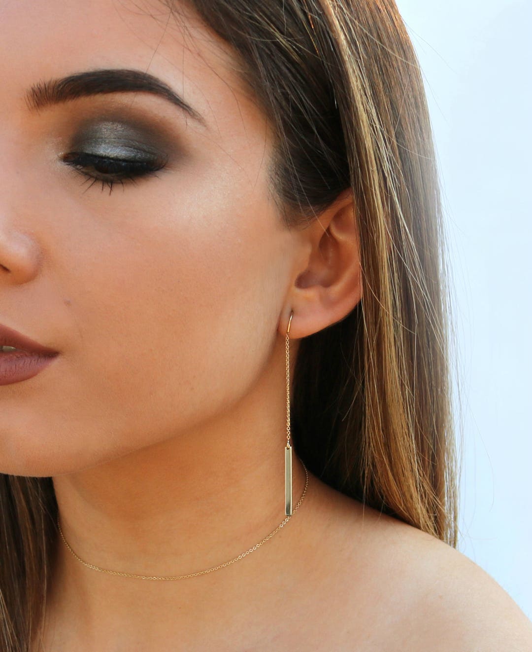 Bar Threader Earrings • Dangling Gold Bar Ear Threads • Gold Bar ...