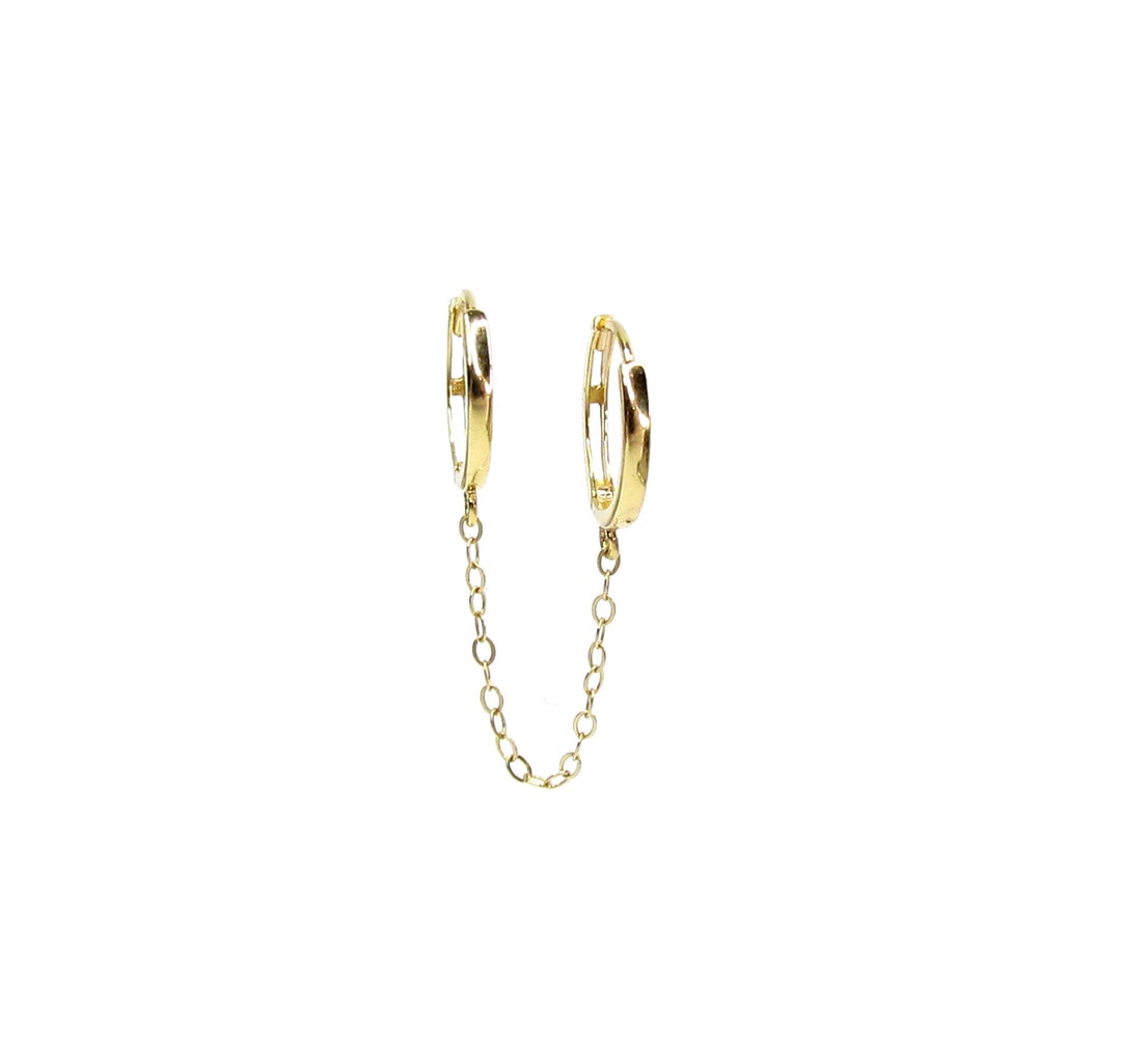 14k Double Piercing Hoops With Chain • Mini Chain Hoops • Double ...