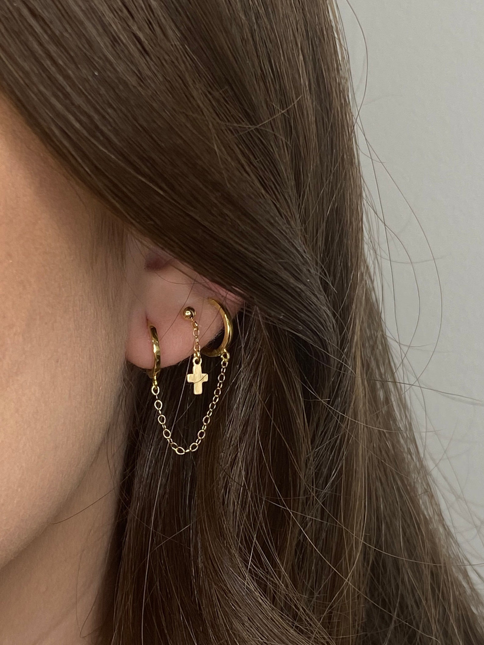 14k Double Piercing Hoops With Chain Mini Chain Hoops - Etsy