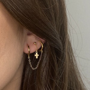 14k Double Piercing Hoops With Chain • Mini Chain Hoops • Double ...