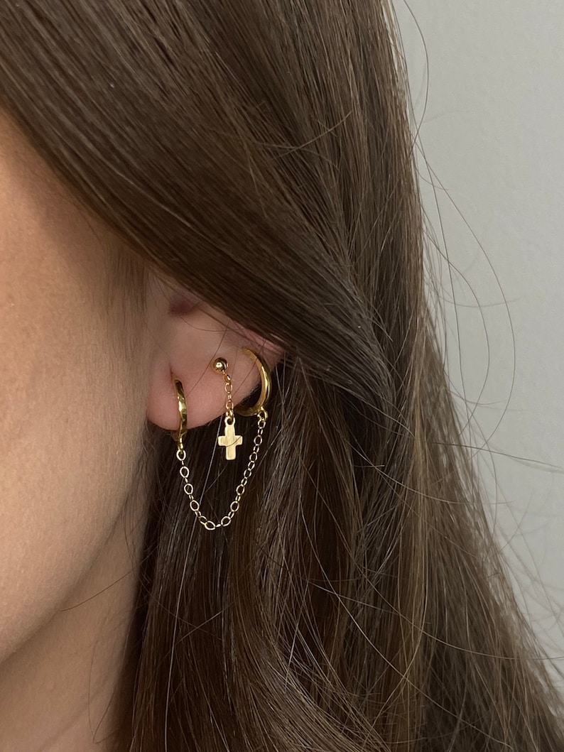 14k Gold Double Piercing Chain Hoop Earring (single) - Etsy