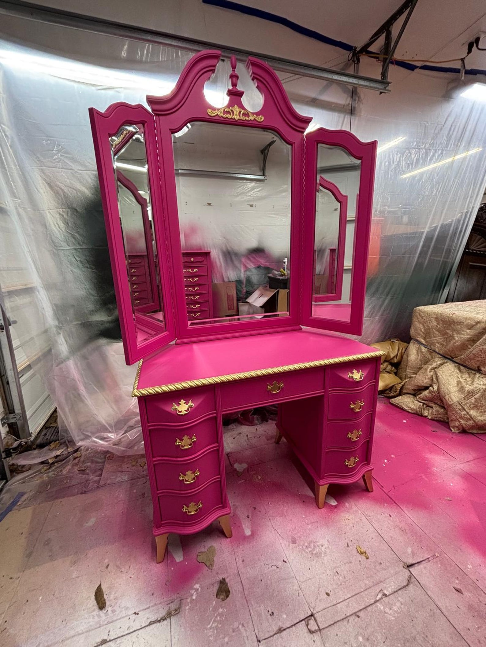 Vintage Vanity With Trifold Mirror Refinished in Hot Pink & Gold Trim ...