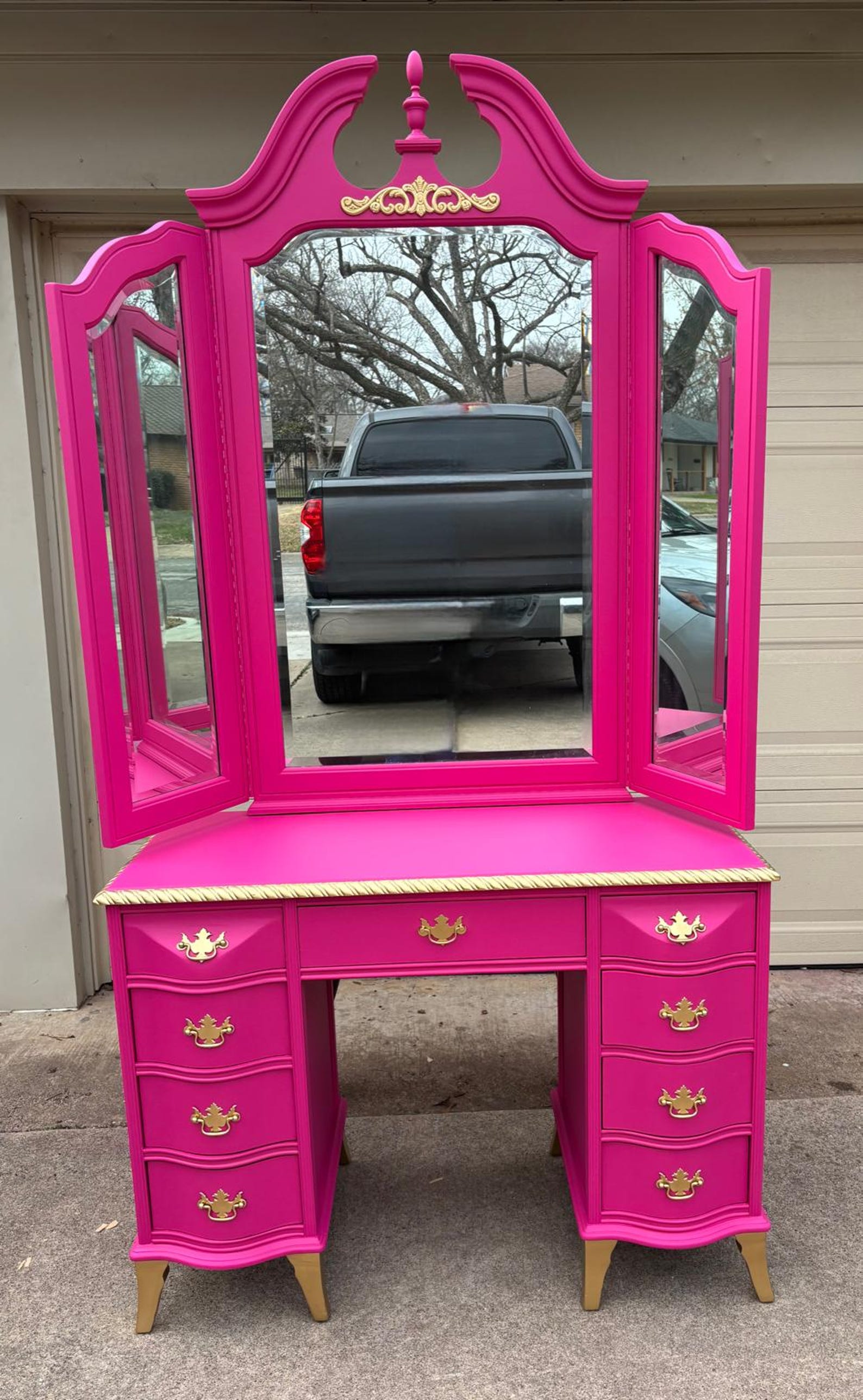 Vintage Vanity With Trifold Mirror Refinished in Hot Pink & Gold Trim ...