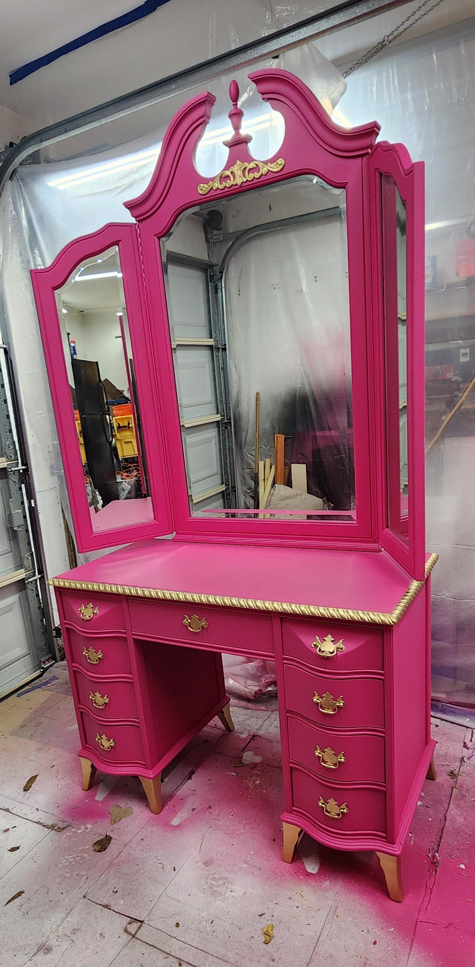 Vintage Vanity With Trifold Mirror Refinished in Hot Pink & Gold Trim ...