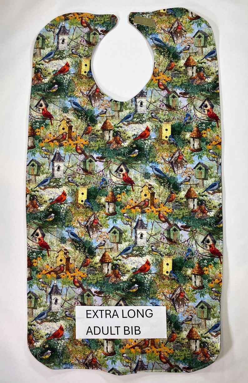 Extra Long Adult Bib, 3-ply Absorbent, Birdhouse Garden Print, Velcro ...