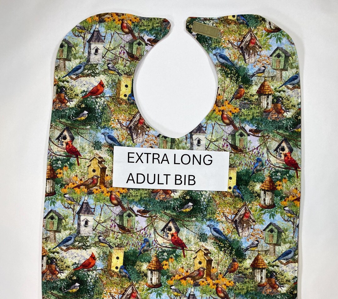 Extra Long Adult Bib, 3-ply Absorbent, Birdhouse Garden Print, Velcro ...