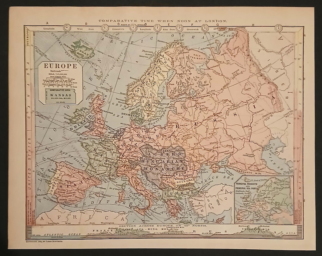 Antique 1885 Dated Map of Europe by James Monteith - Etsy