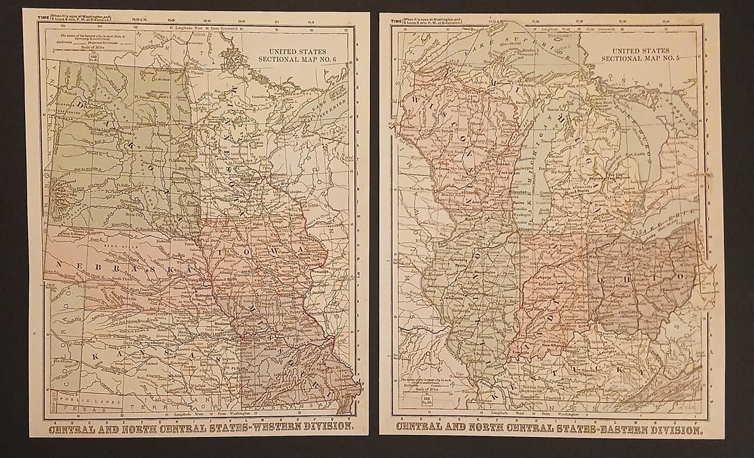 Antique 1881 Pair of Maps of the Central States, Eastern and Western by ...